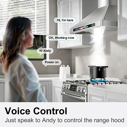 BRANO 30 Inch Wall Mount Range Hood with Voice/Gesture/Touch Control, 900 CFM Stainless Steel Kitchen Hood Vent with 4 Speed Exhaust Fan, 4 Adjustable Lights, Memory Mode, Ducted/Ductless Convertible