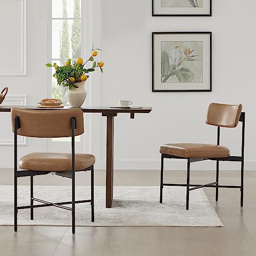 Watson & Whitely Dining Chairs Set of 2, Mid-Century Modern Dinner Chairs, Faux Leather Upholstered Dining Room Chairs with Metal Legs, Saddle Brown
