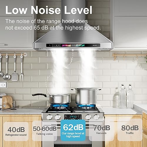 BRANO 30 Inch Wall Mount Range Hood with Voice/Gesture/Touch Control, 900 CFM Stainless Steel Kitchen Hood Vent with 4 Speed Exhaust Fan, 4 Adjustable Lights, Memory Mode, Ducted/Ductless Convertible