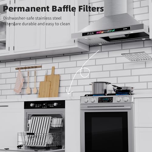 BRANO 30-inch Wall Mount Range Hood 900 CFM with Voice/Gesture/Touch Control, Stainless Steel Kitchen Hood Vent with 4 Speed Exhaust Fan, LED Adjustable Lights, Memory Mode