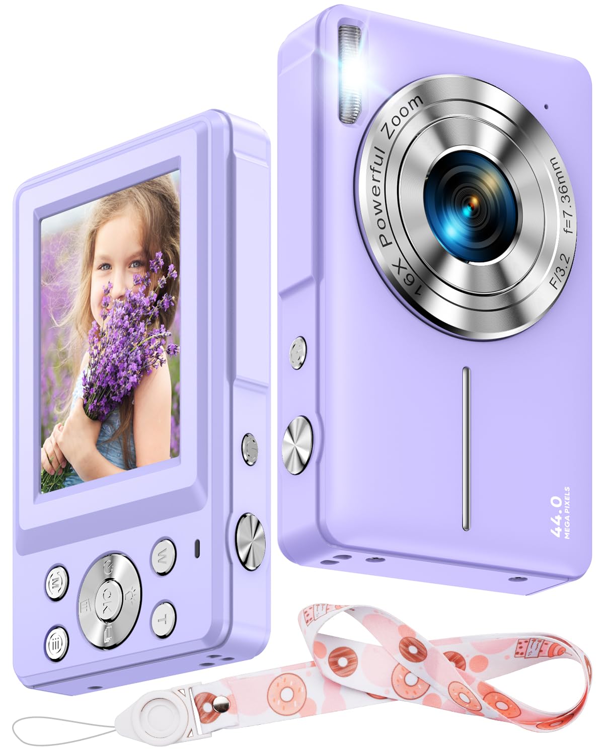 AUTPIRLF Digital Camera for Kids, 1080P Mini with Lanyard 44MP Point and Shoot Camera, Anti-Shake Vlogging 16X Zoom, Small Boys Girls Teens Students(Purple) (DC403)