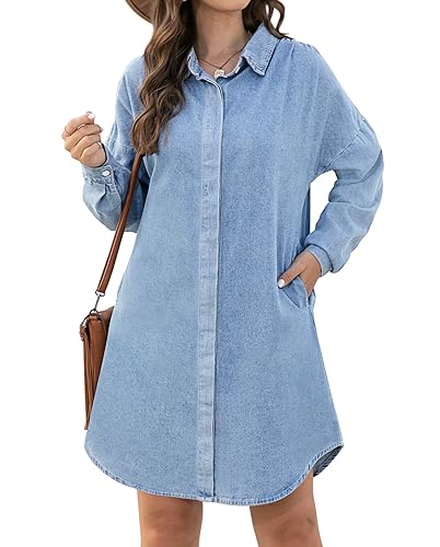 KDF Denim Dress for Women Long Sleeve Denim Shirt Dresses Women with Pockets Button Down Babydoll Jean Dresses for Women 2023 Light Blue Size X-Large