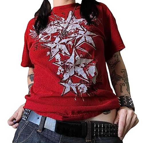 Y2k Women Grunge Short Sleeve Teen Girl Aesthetic Top Skull Graphic Print Oversized Halloween Baggy Tshirt (Red Star, M)