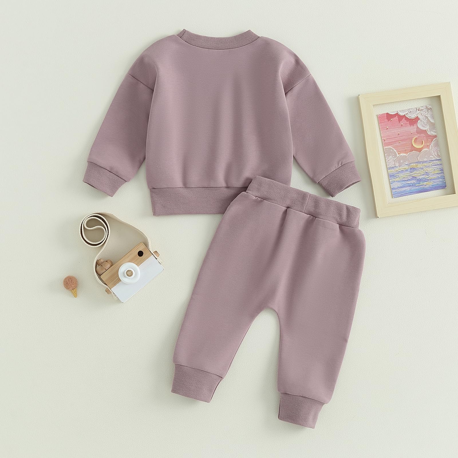 MAYUMMPY Baby Boys Girl Solid Outfit Long Sleeve Crewneck Oversized Sweatshirt Sweatpants Pants Set Fall Winter Clothes (Purple, 18-24 Months)