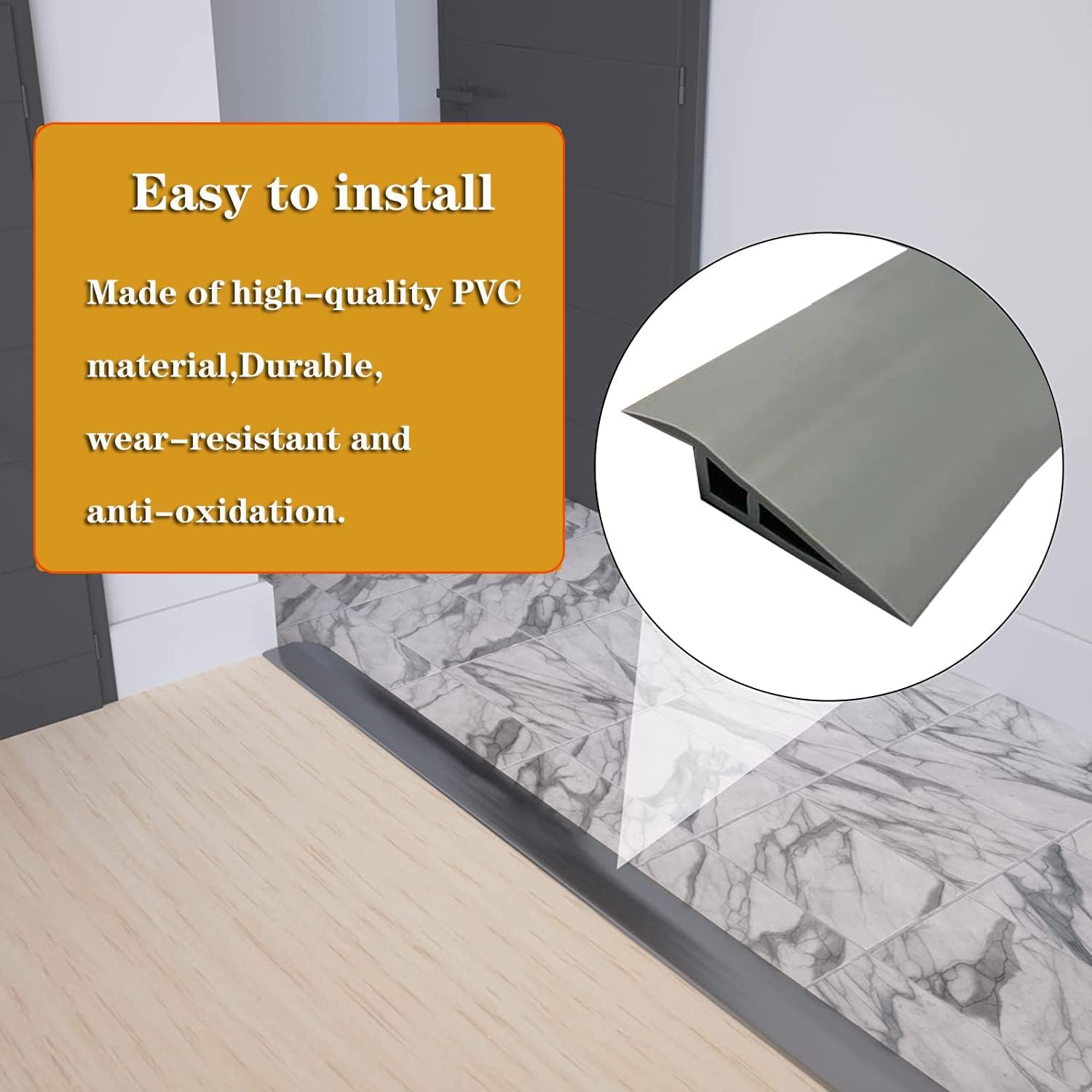 Vinyl-Door-Transition-Threshold-Strip Self-Adhesive, Floor/Carpet-to-Tile-Transition-Strip Reducer, Doorway Edge Trim for Laminate Floor Mat Vinyl Tile (Grey, 36 in)