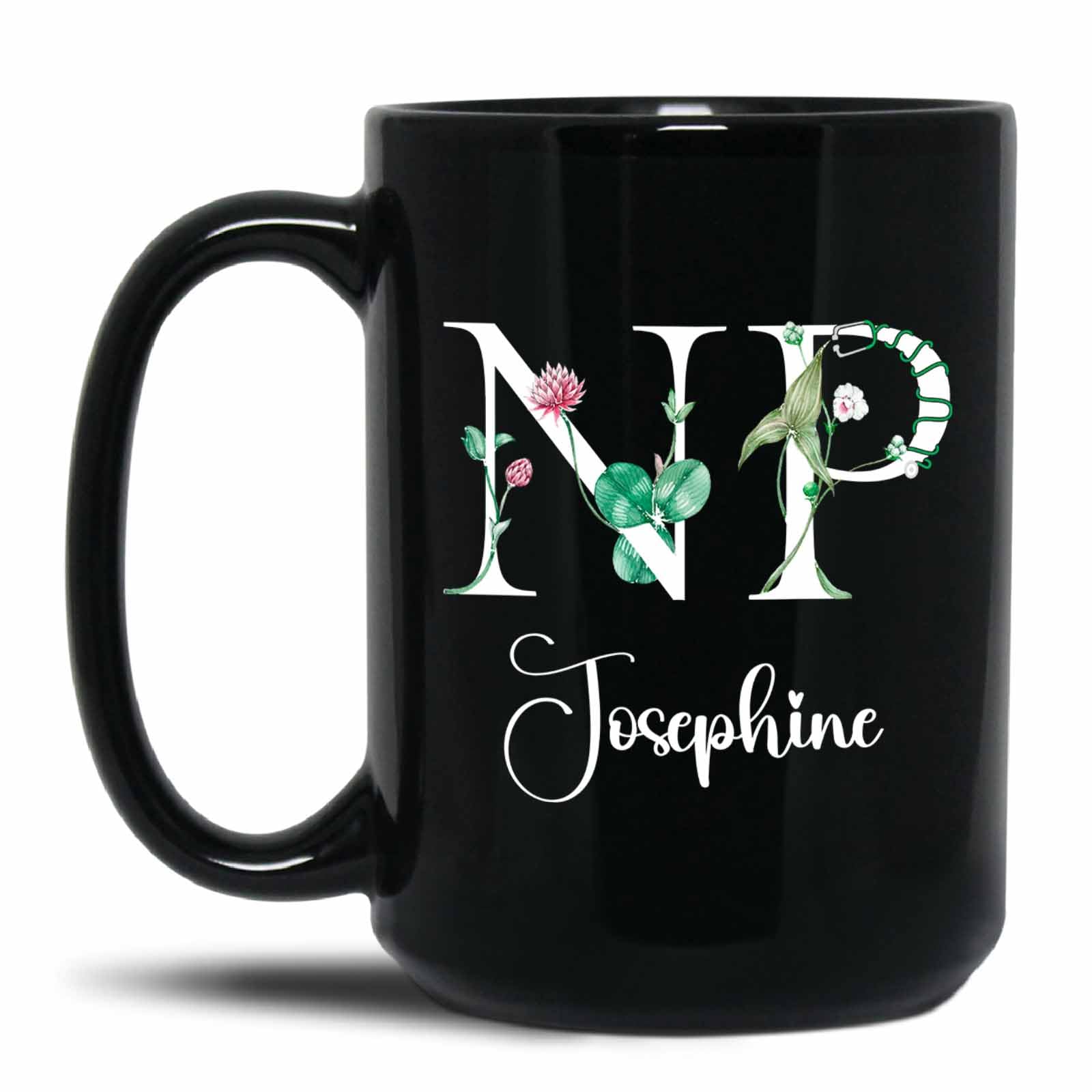 NP Coffee Mug, Personalized Nurse Practitioner Gift, Custom Nurse's Name Mug, Gift for Medical Student Nursing School, NP Mug, Alphabet Letter Monogram Flower NP Tea Cup, Black Mug 11oz, 15oz