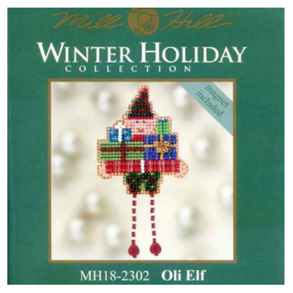 Oli Elf and Holli Elf Beaded Counted Cross Stitch Christmas Ornament Kits Mill Hill Winter Holiday Collection, Plus 'Needleworker' Sticker