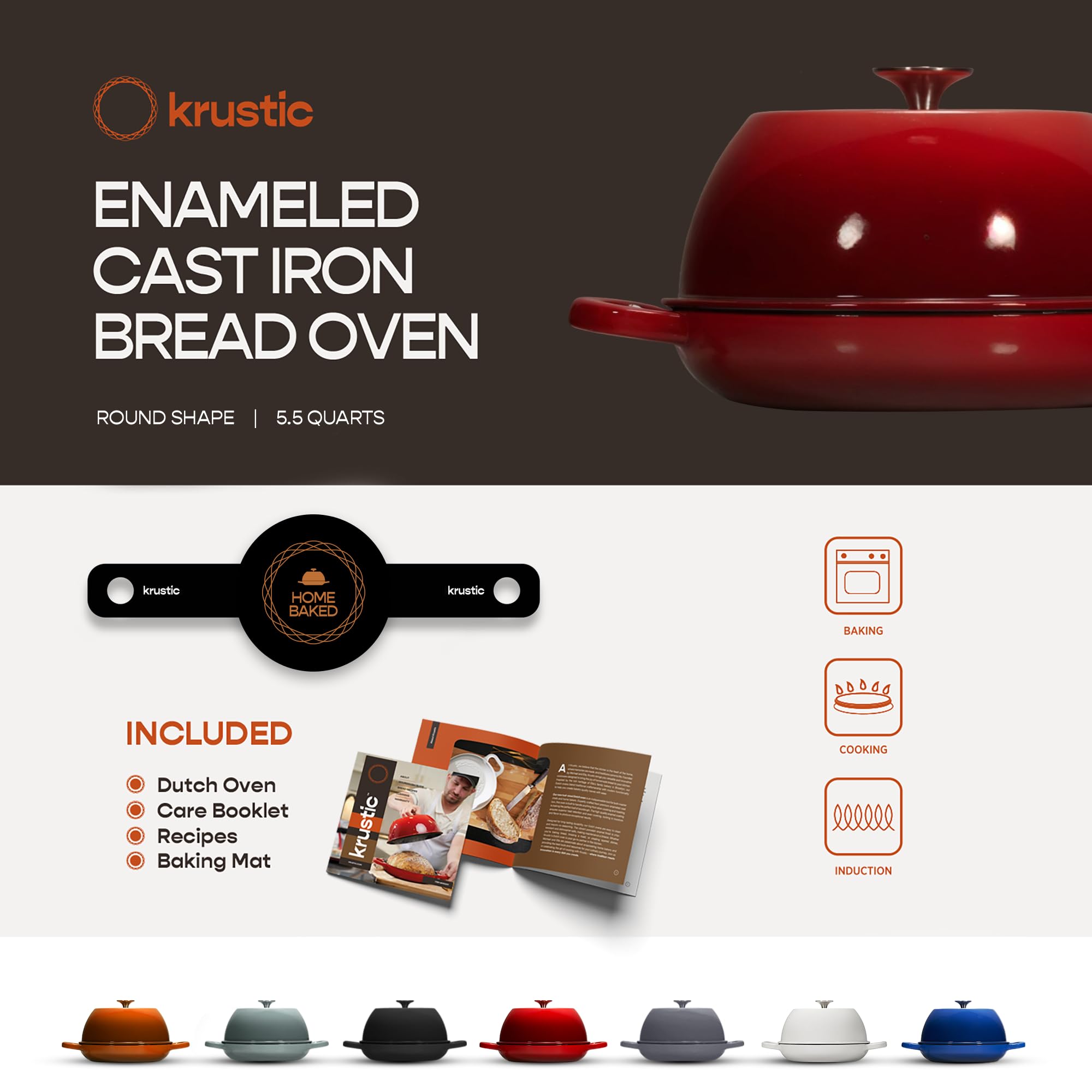 Krustic Enameled Cast Iron Dutch Oven for Sourdough Bread Baking | 6 Quart Pot with Lid | 10 Inch Ceramic Enamel Thick Coated Cookware Set with Non Stick Silicone Baking Mat for Cooking | 6 Qt | Red