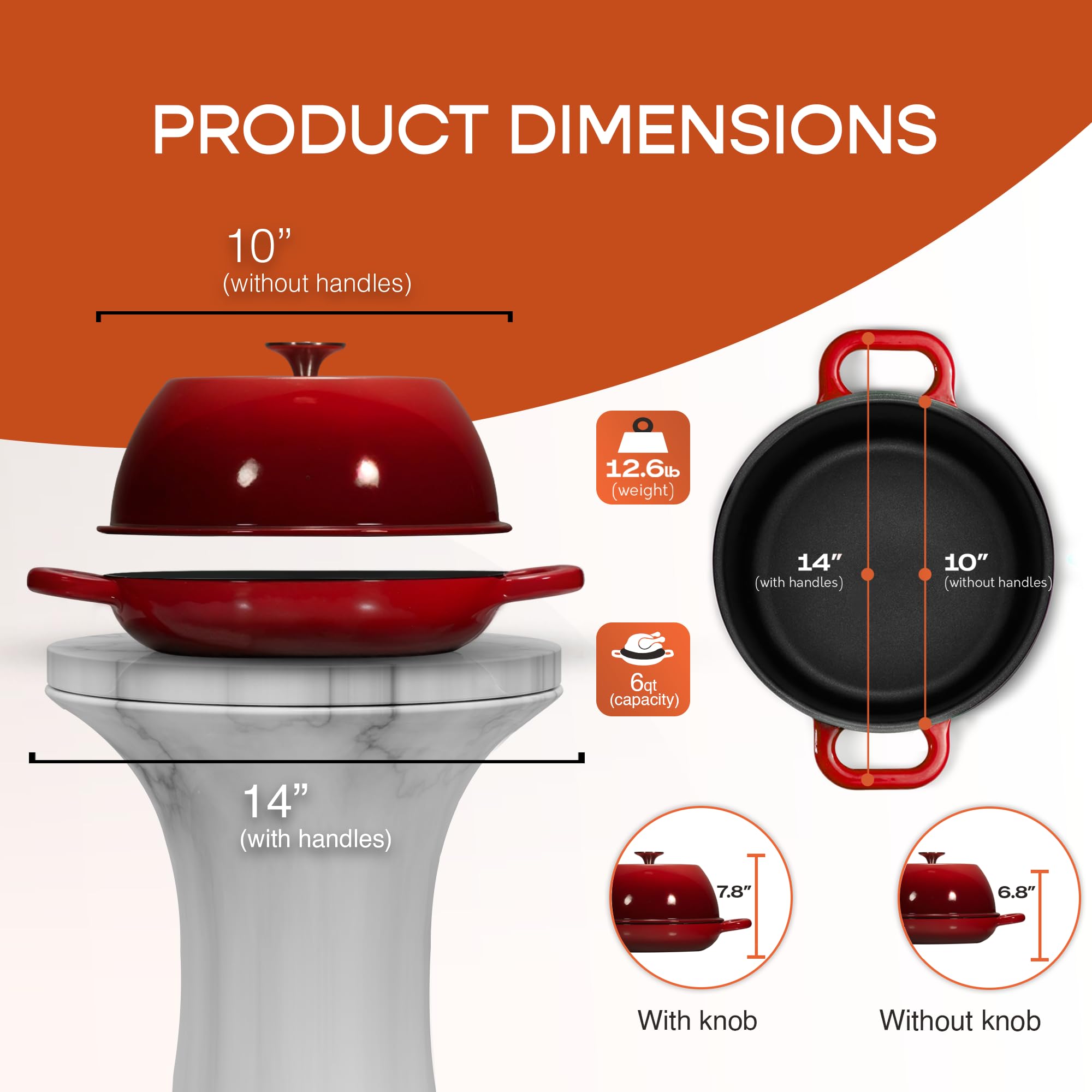 Krustic Enameled Cast Iron Dutch Oven for Sourdough Bread Baking | 6 Quart Pot with Lid | 10 Inch Ceramic Enamel Thick Coated Cookware Set with Non Stick Silicone Baking Mat for Cooking | 6 Qt | Red