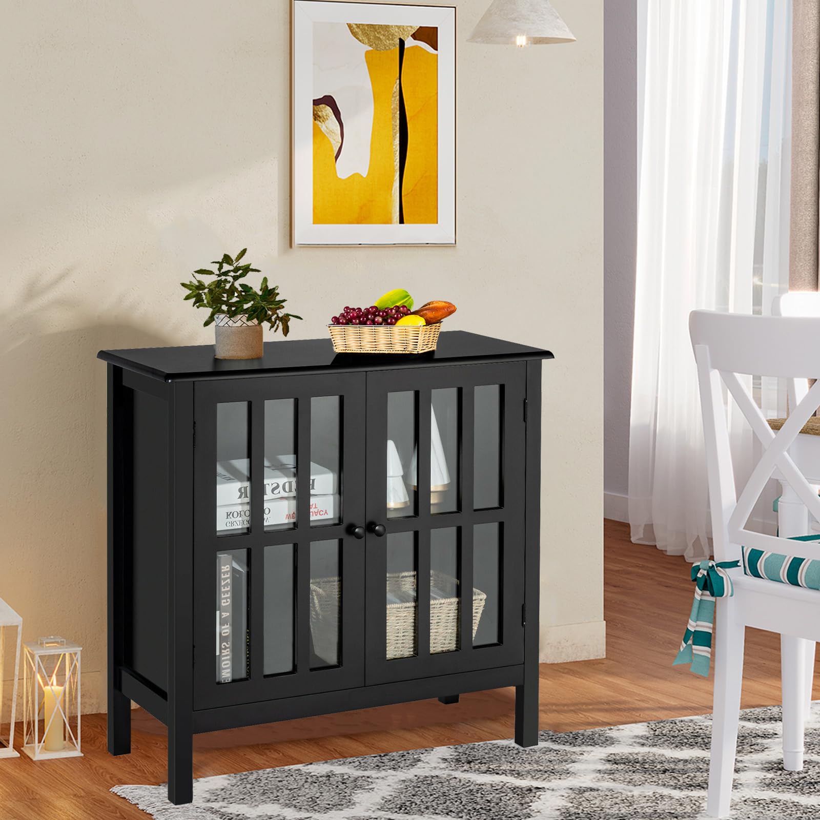 UJOYPAD Double Door Storage Cabinet,Sideboard Buffet Storage Cabinet,Kitchen Sideboard Console with 2 Glass Doors,Entryway Dining Liquor Cabinet,Cupboard Console Table for Kitchen Living Room (Black)