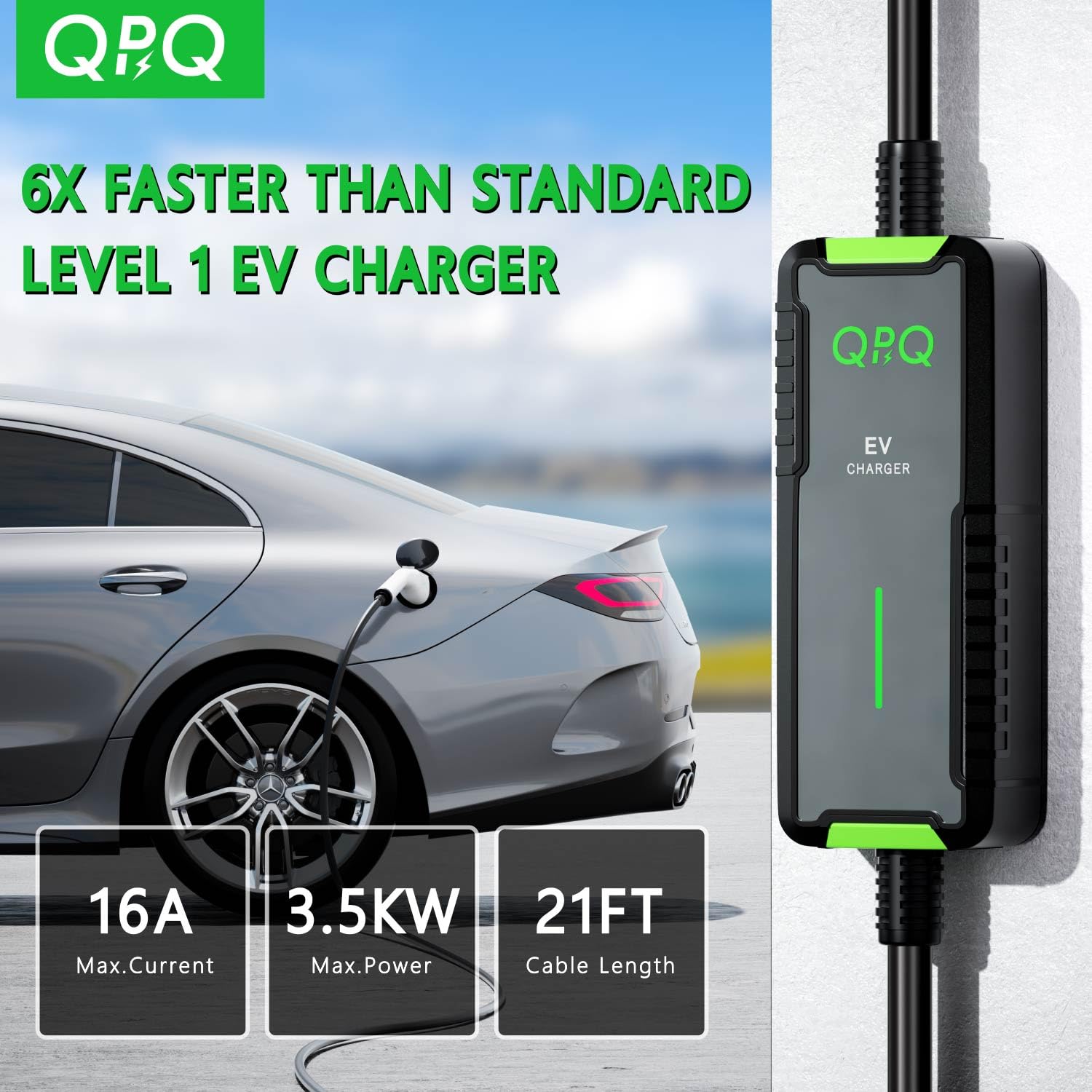 QPQ Level 1-2 EV Charger, 16 Amp 110-240V Portable Electric Car Charger, Electric Vehicle Charging Stations with NEMA 6-20 Plug & NEMA 5-15 Adapter for J1772 with 21 FT Cable