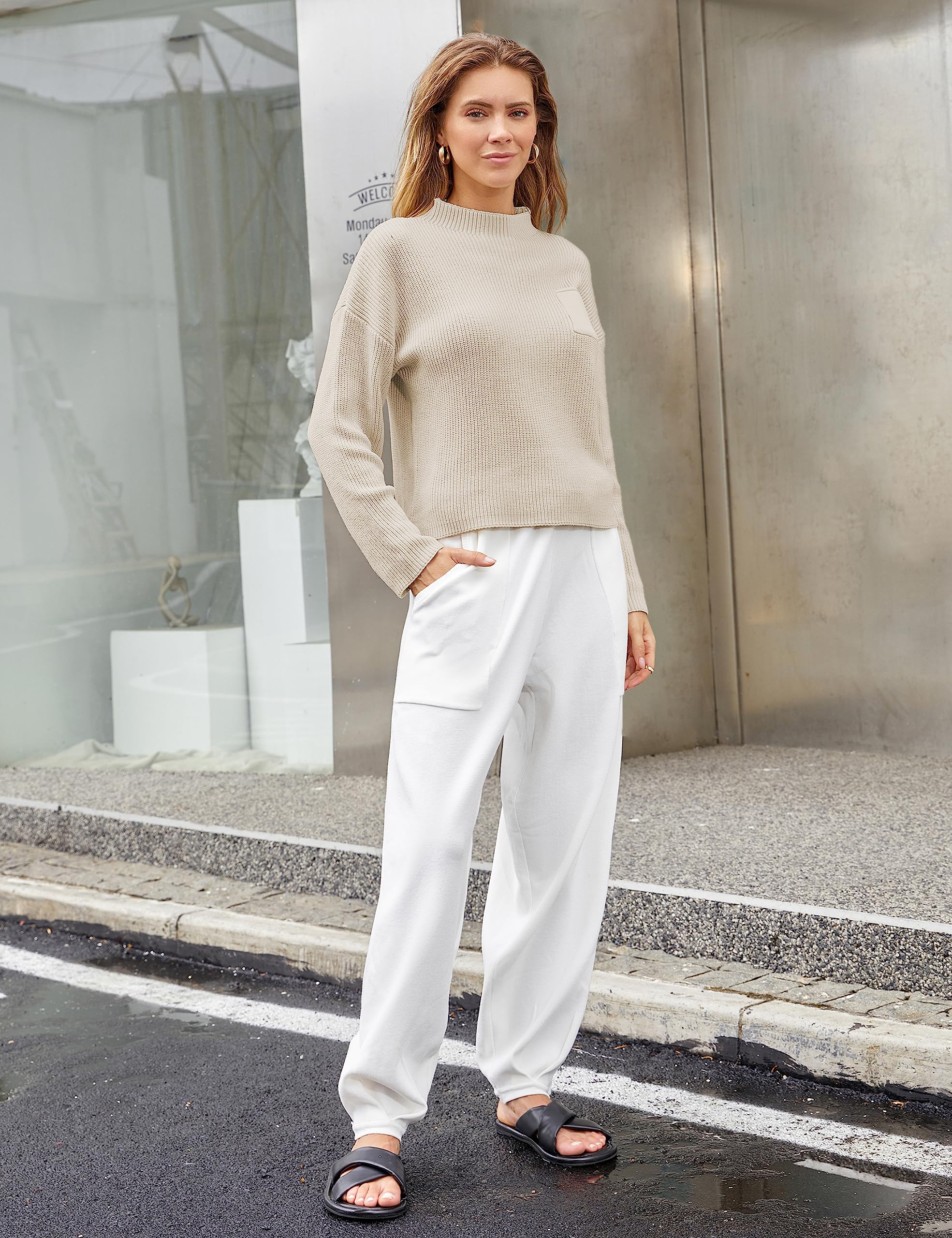 GTLIAE Womens 2 Piece Outfits Sweater Sets Long Sleeve Pullover Knit Top Loose Pant Tracksuit Lounge Set(White-XL)