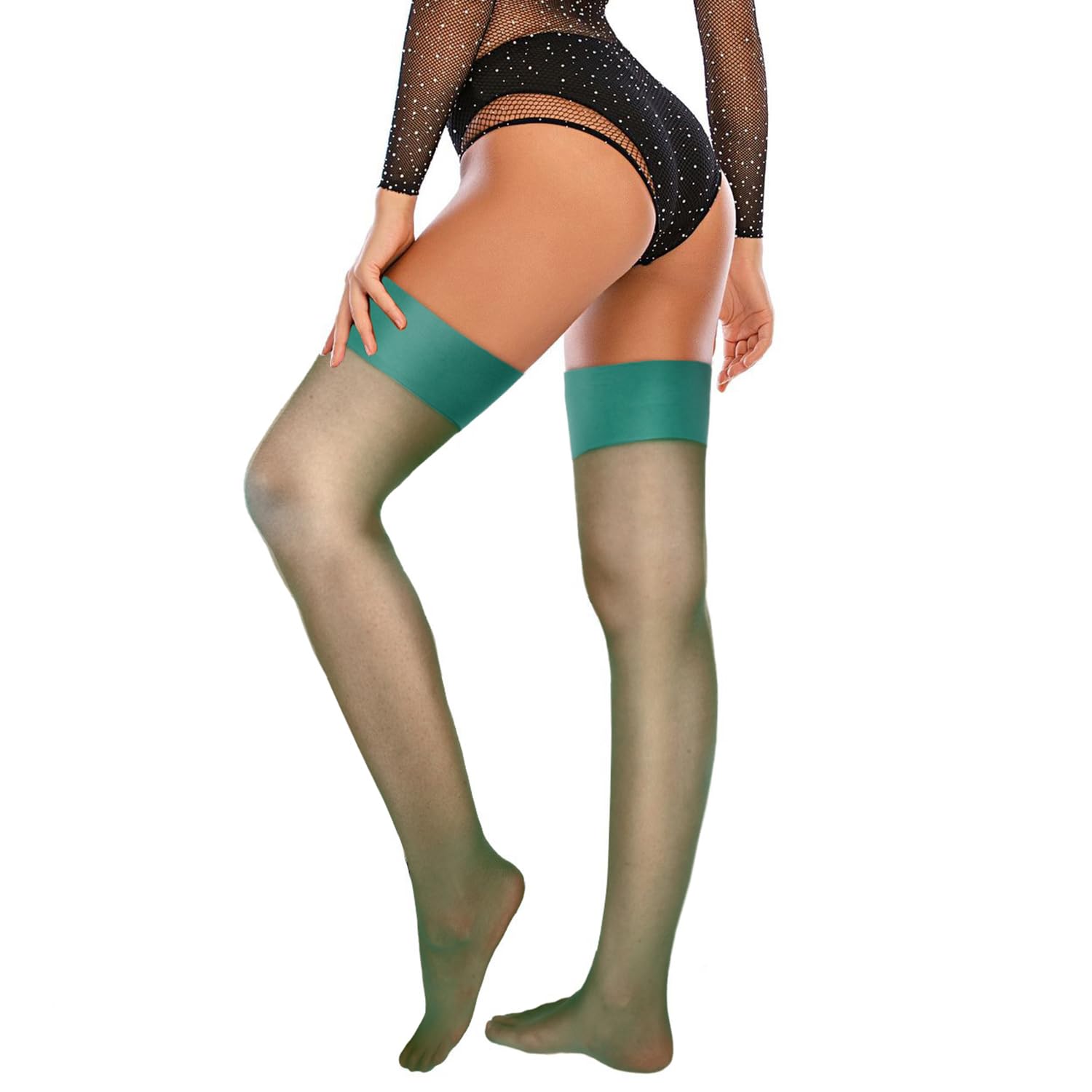 Benefeet Shiny Lace Thigh High Stockings for Women - Green Shimmer Sheer Mesh Opaque Tights