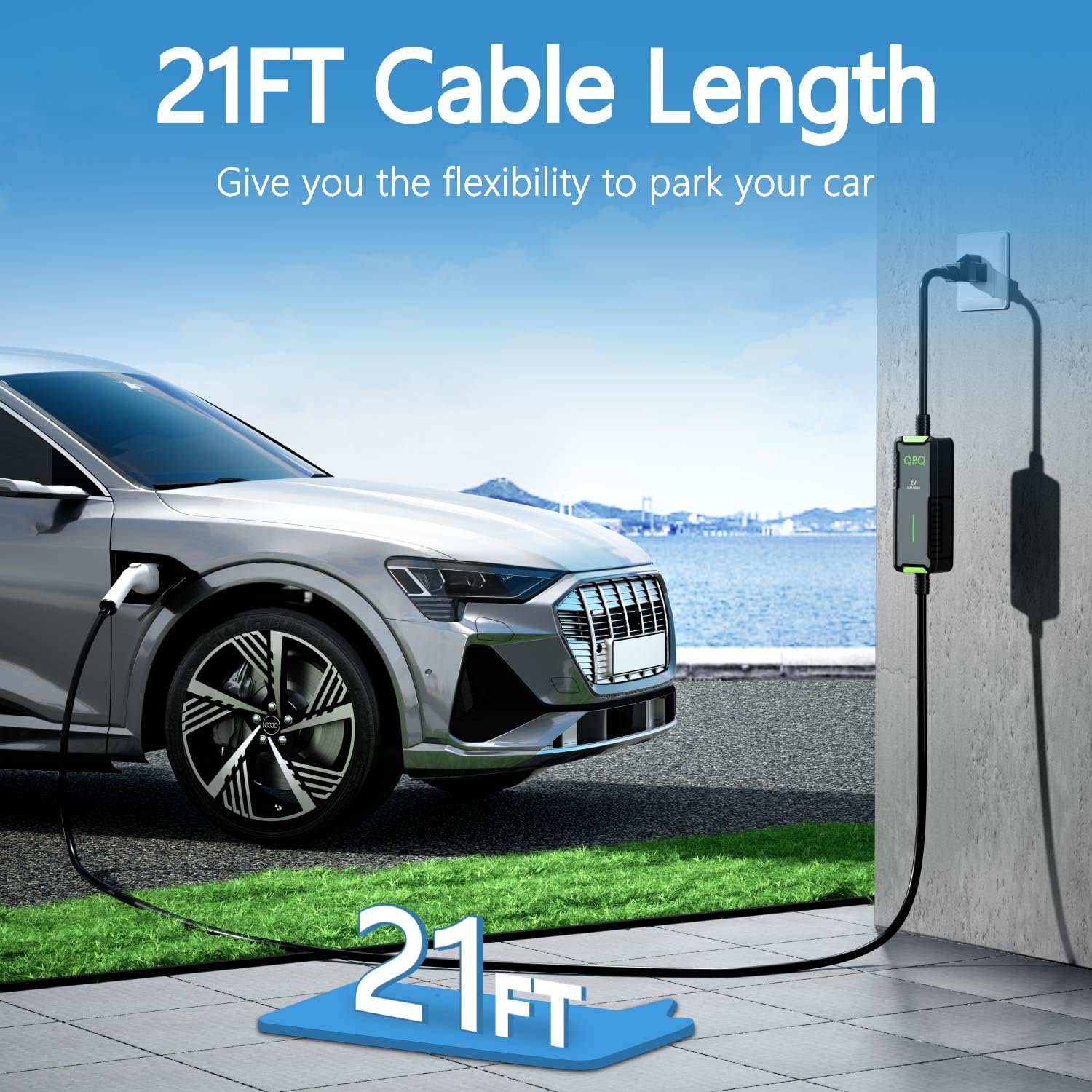 QPQ Level 1-2 EV Charger, 16 Amp 110-240V Portable Electric Car Charger, Electric Vehicle Charging Stations with NEMA 6-20 Plug & NEMA 5-15 Adapter for J1772 with 21 FT Cable