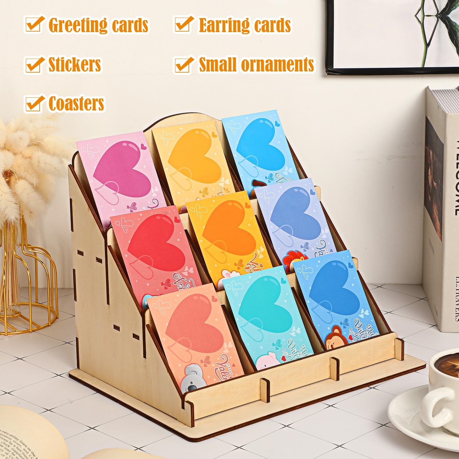 Soaoo 2 Pack 9 Shelves Sticker Display Stand Wooden Greeting Card Display 3 Tier Card Rack Retail Wooden Riser for Retail Counter Vendor Table Vendor Events Countertop