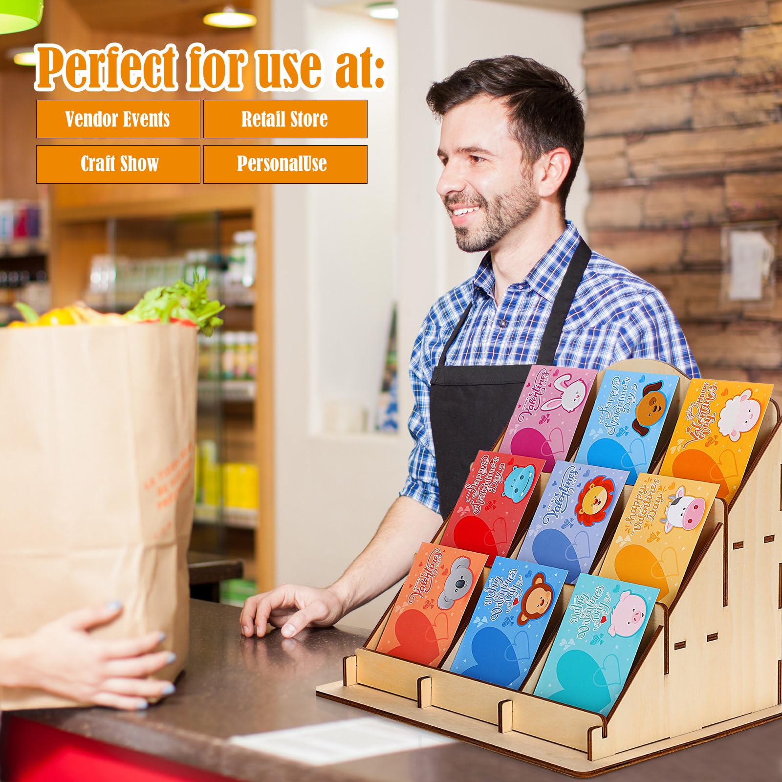 Soaoo 2 Pack 9 Shelves Sticker Display Stand Wooden Greeting Card Display 3 Tier Card Rack Retail Wooden Riser for Retail Counter Vendor Table Vendor Events Countertop