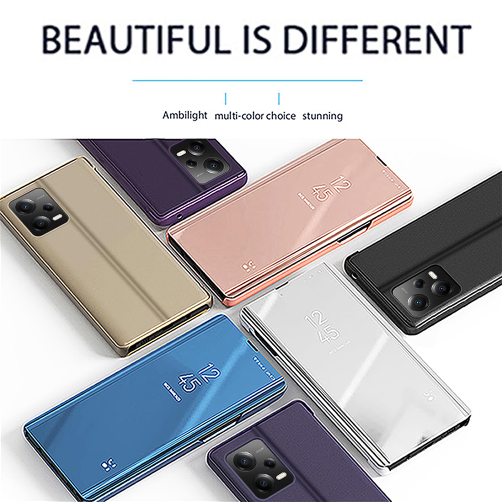 Ephoou Compatible with Xiaomi Redmi Note 12 5G Flip Case for Women, Luxury Clear Vanity Mirror Slim Shockproof 360° Full Body Protective Case for Xiaomi Redmi Note 12 5G/ Poco X5. JM-Black