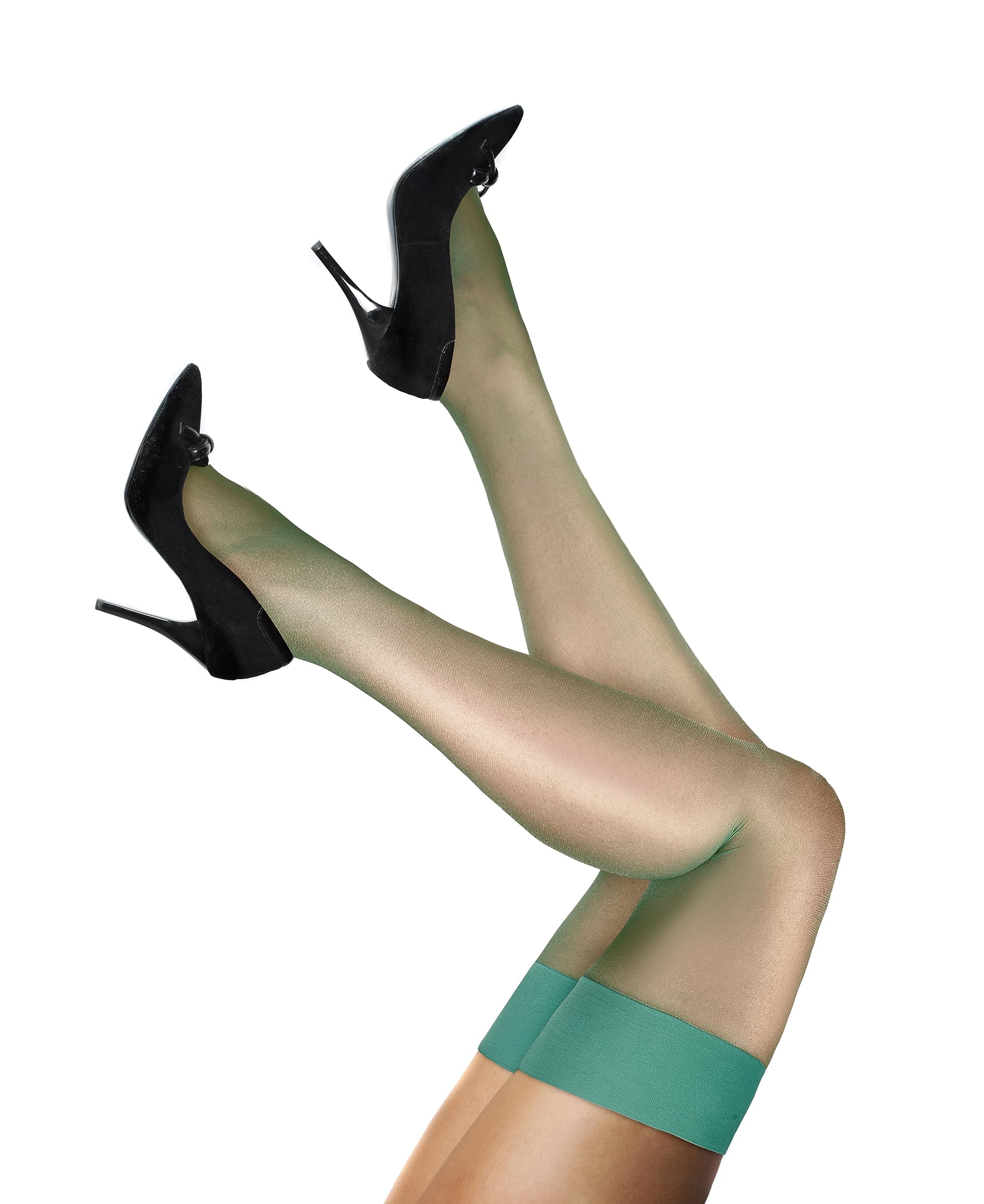 Benefeet Shiny Lace Thigh High Stockings for Women - Green Shimmer Sheer Mesh Opaque Tights