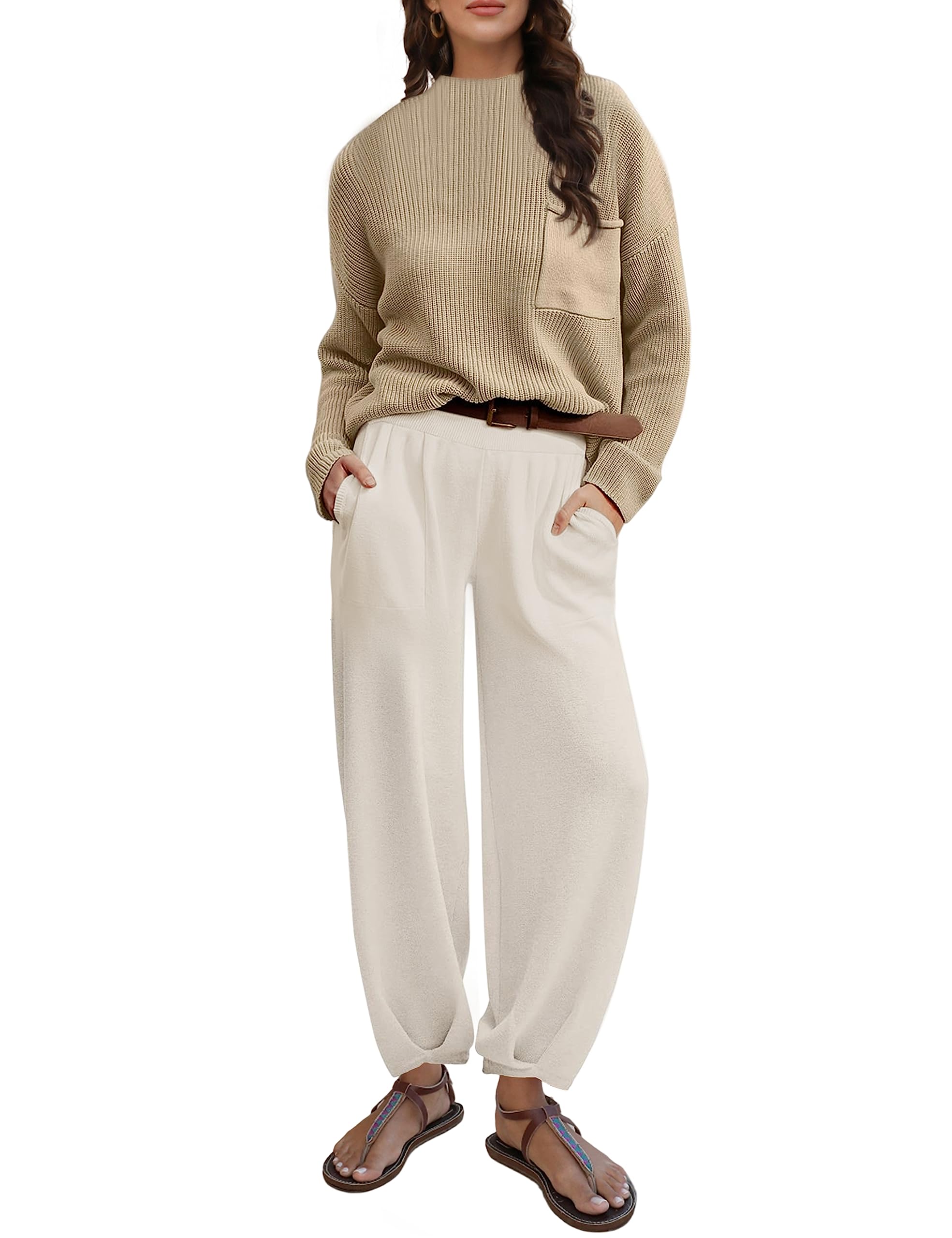 GTLIAE Womens 2 Piece Outfits Sweater Sets Long Sleeve Pullover Knit Top Loose Pant Tracksuit Lounge Set(White-XL)