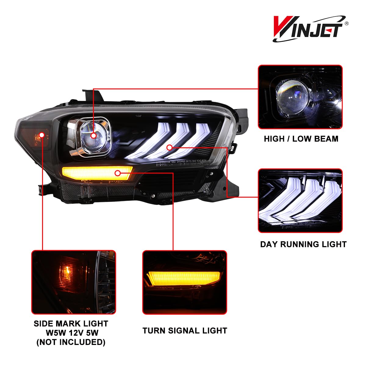 Winjet LED Headlights Assembly Fit For 2016-2019 Toyota Tacoma, Led Headlamp For 2020-2023 Tacoma (SR, SR5, TRD Sport models only), Tacoma Front Lamp w/Led High& Low Beam (Matte Black/Clear Lens)