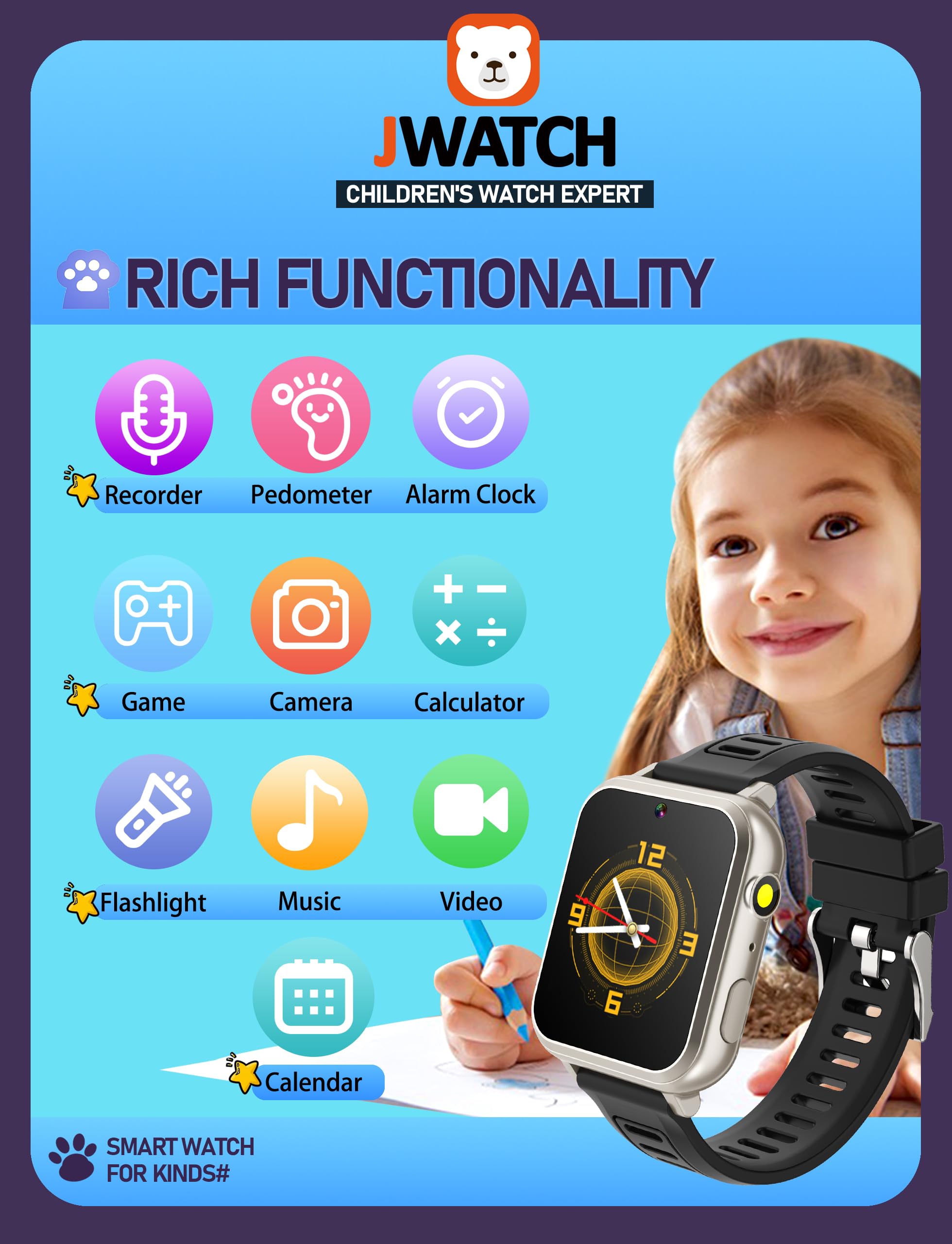 Jwatch Kids Smart Watch for Boys Girls 6-12 with Pedometer Audio Book Camera Music Player Present Birthday Christmas (Silver Frame Black)…