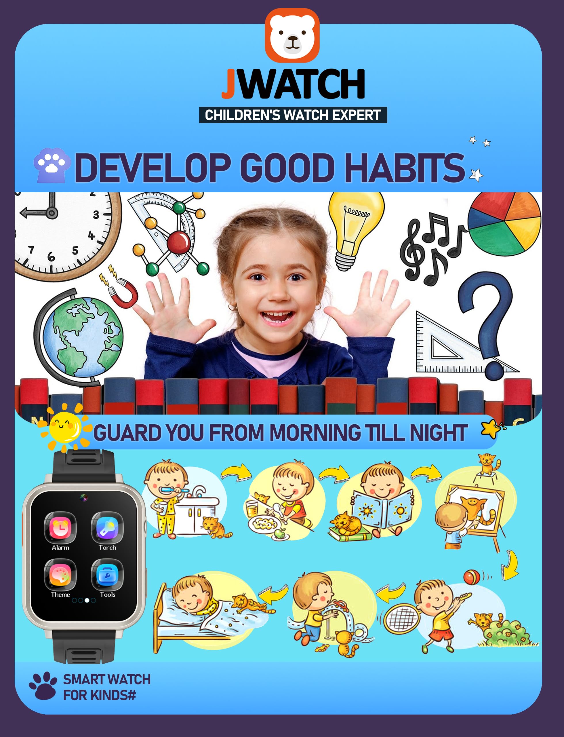Jwatch Kids Smart Watch for Boys Girls 6-12 with Pedometer Audio Book Camera Music Player Present Birthday Christmas (Silver Frame Black)…