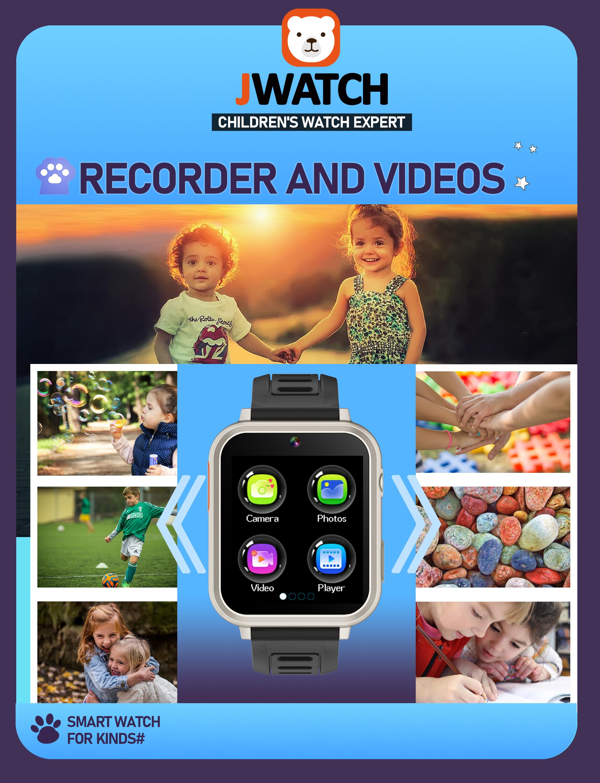 Jwatch Kids Smart Watch for Boys Girls 6-12 with Pedometer Audio Book Camera Music Player Present Birthday Christmas (Silver Frame Black)…