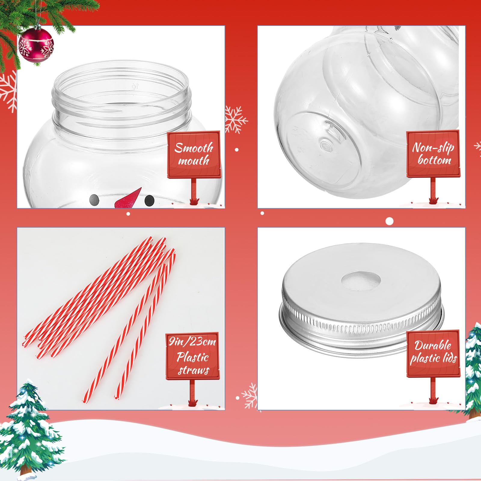 Sliner 20 Pack Christmas Plastic Juice Bottle 17 Oz Snowman Shaped Reusable Water Bottles with Lids and Straws Empty Milk Beverage Bottle Juicing Drink Containers for Christmas Party Favor Daily Use