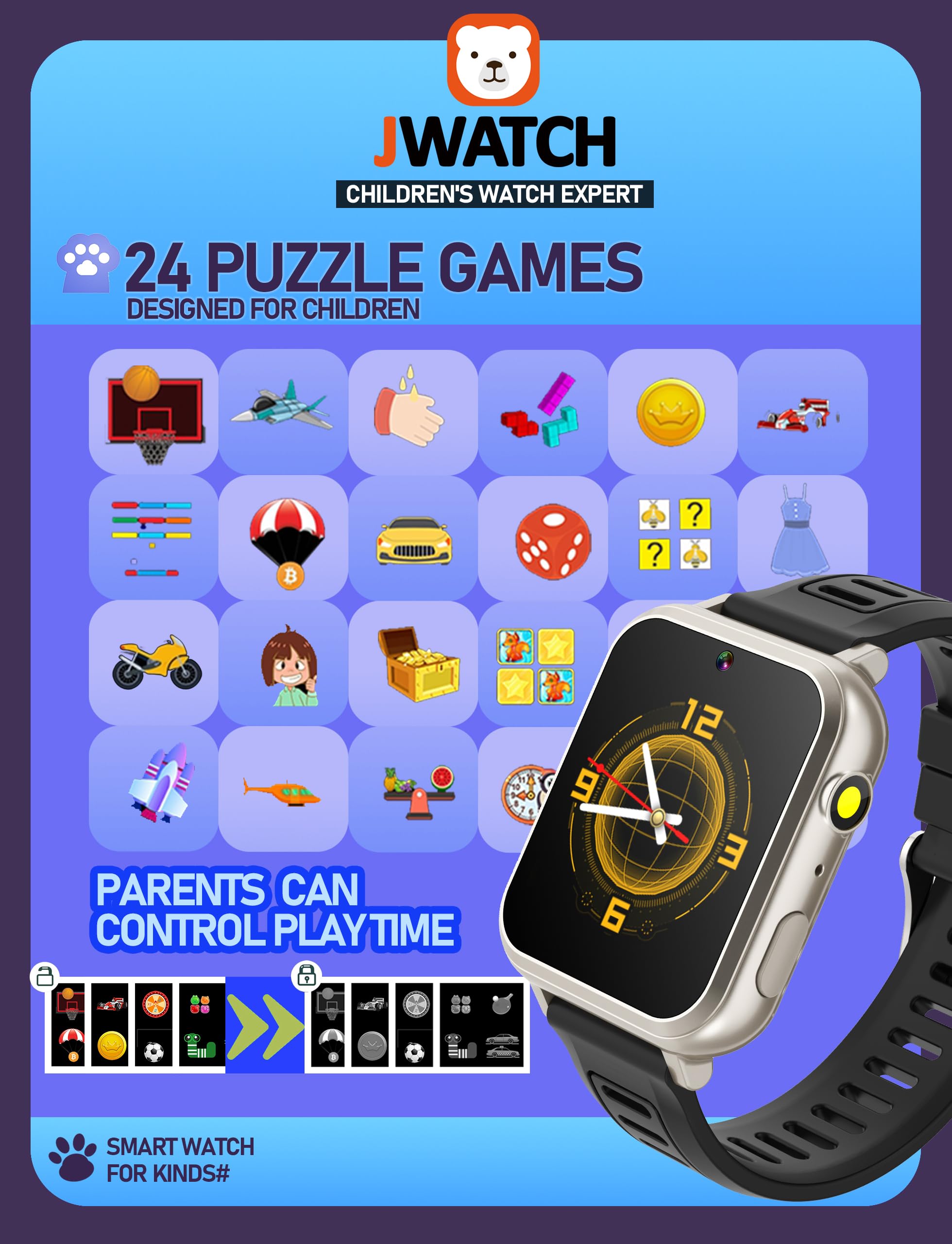 Jwatch Kids Smart Watch for Boys Girls 6-12 with Pedometer Audio Book Camera Music Player Present Birthday Christmas (Silver Frame Black)…