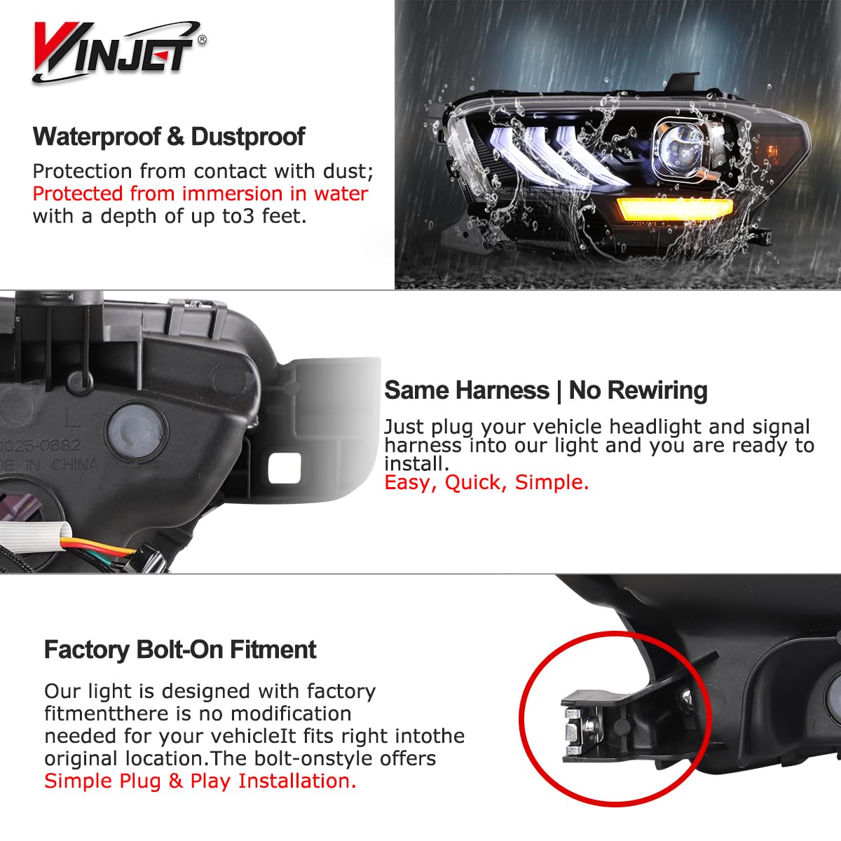 Winjet LED Headlights Assembly Fit For 2016-2019 Toyota Tacoma, Led Headlamp For 2020-2023 Tacoma (SR, SR5, TRD Sport models only), Tacoma Front Lamp w/Led High& Low Beam (Matte Black/Clear Lens)