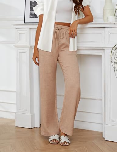 Narcissus Khaki Linen Pants for Women Fall Plus Size Khaki Pants for Women Drawstring Loose Linen Pants Plus Size Linen Beach Pants for Women (Khaki XL)
