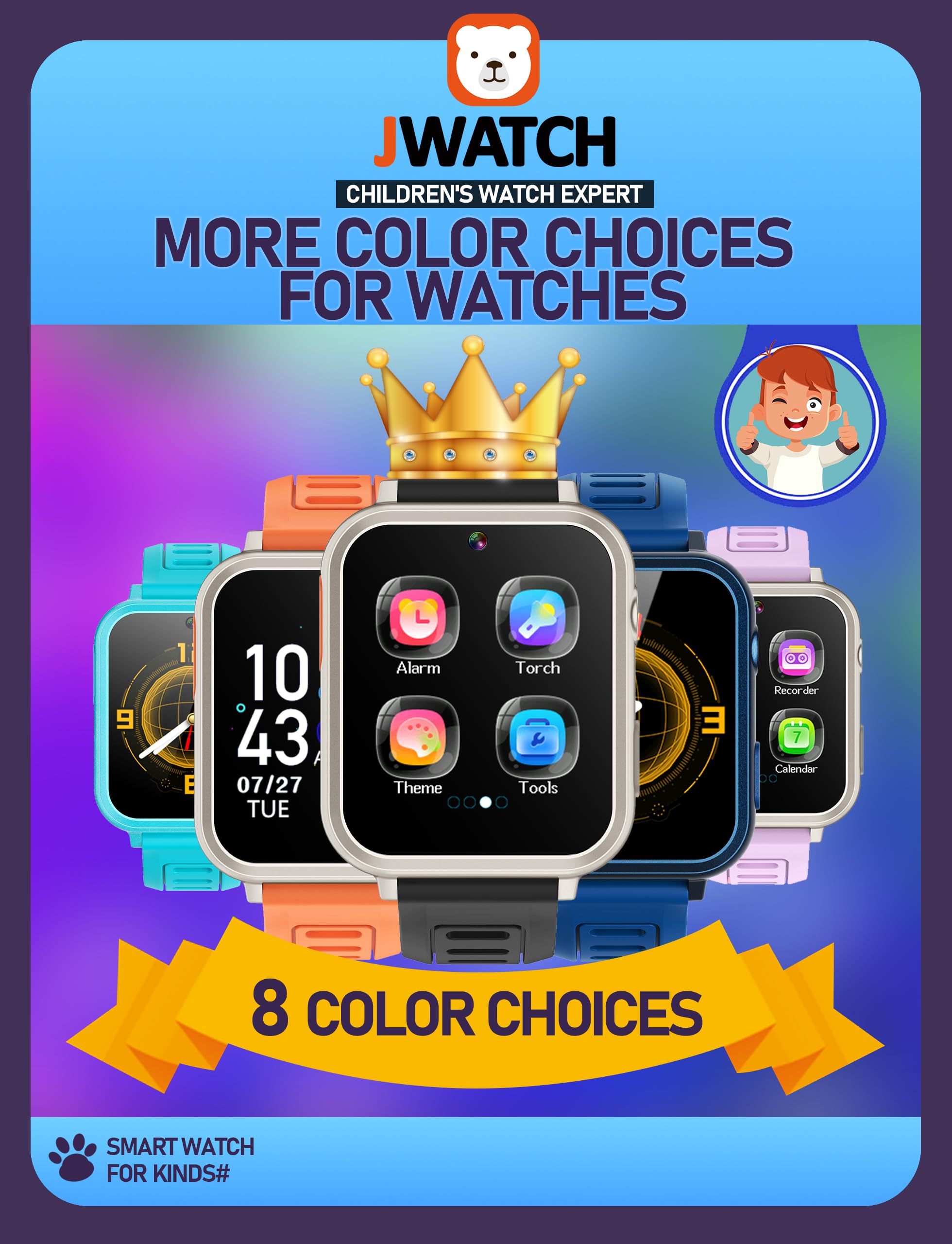 Jwatch Kids Smart Watch for Boys Girls 6-12 with Pedometer Audio Book Camera Music Player Present Birthday Christmas (Silver Frame Black)…