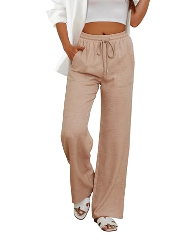 Narcissus Khaki Linen Pants for Women Fall Plus Size Khaki Pants for Women Drawstring Loose Linen Pants Plus Size Linen Beach Pants for Women (Khaki XL)