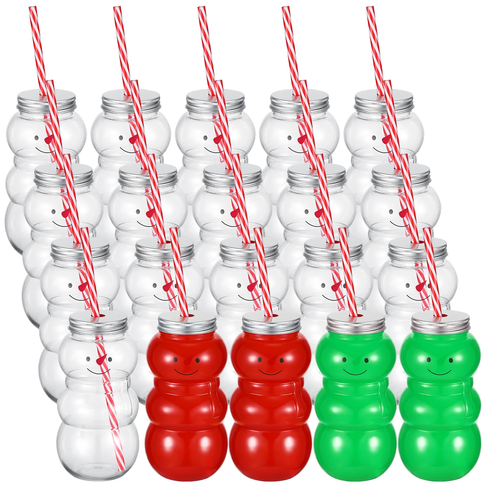 Sliner 20 Pack Christmas Plastic Juice Bottle 17 Oz Snowman Shaped Reusable Water Bottles with Lids and Straws Empty Milk Beverage Bottle Juicing Drink Containers for Christmas Party Favor Daily Use