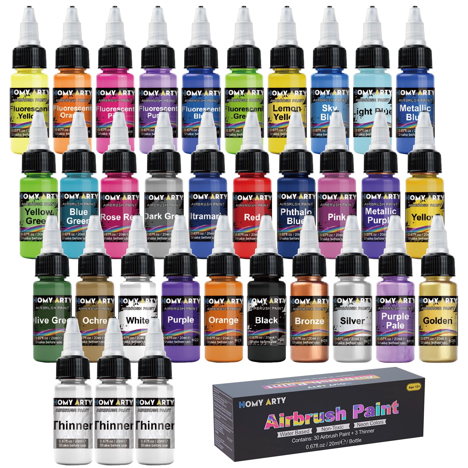 Airbrush Paint - 30 Colors with 3 Thinner, Ready to Spray Airbrush Paint Set, Water-Based Acrylic Air brush Paints for Metal, Plastic Models, Canvas, Wood - 33 Bottles