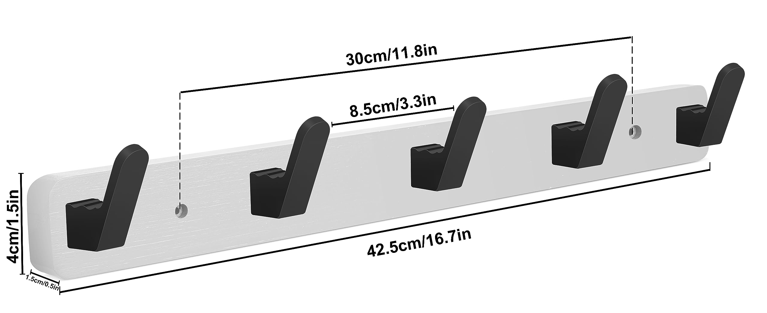 Coat Hooks Wall Mounted Coat Rack, 16.7'' Long, Entryway Hanging Coat Rack, White Wood Coat Rack with 5 Black Literary Rustic Hooks, Wooden Decorative Hooks Rail for Coat, Scarf, Bag, Towel, Hat