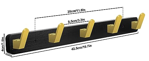 IBosins Coat Hooks Wall Mounted Coat Rack, 16.7'' Long, Entryway Hanging Coat Rack, Black Wood Coat Rack with 5 Gold Literary Rustic Hooks, Decorative Hooks Rail for Coat, Scarf, Bag, Towel, Hat