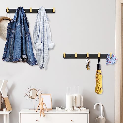 IBosins Coat Hooks Wall Mounted Coat Rack, 16.7'' Long, Entryway Hanging Coat Rack, Black Wood Coat Rack with 5 Gold Literary Rustic Hooks, Decorative Hooks Rail for Coat, Scarf, Bag, Towel, Hat