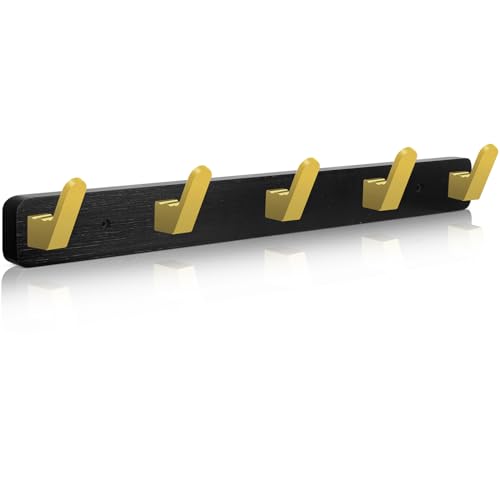 IBosins Coat Hooks Wall Mounted Coat Rack, 16.7'' Long, Entryway Hanging Coat Rack, Black Wood Coat Rack with 5 Gold Literary Rustic Hooks, Decorative Hooks Rail for Coat, Scarf, Bag, Towel, Hat