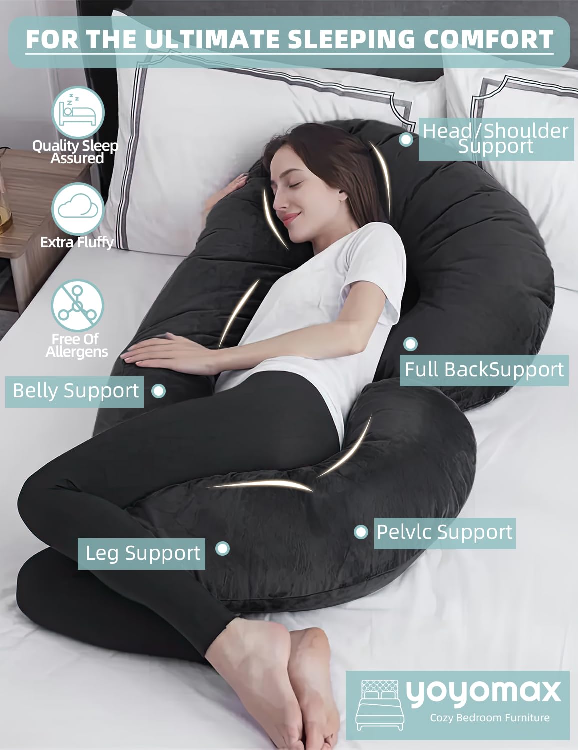 yoyomax Pregnancy Pillows, C Shaped Full Body Maternity Pillow Memory Foam Pregnancy Pillow with Removable Cover, 52 Inch Pregnancy Pillows for Sleeping (Black)