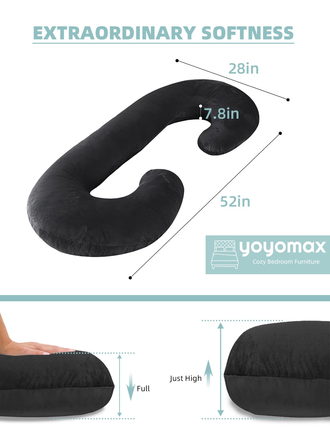 yoyomax Pregnancy Pillows, C Shaped Full Body Maternity Pillow Memory Foam Pregnancy Pillow with Removable Cover, 52 Inch Pregnancy Pillows for Sleeping (Black)
