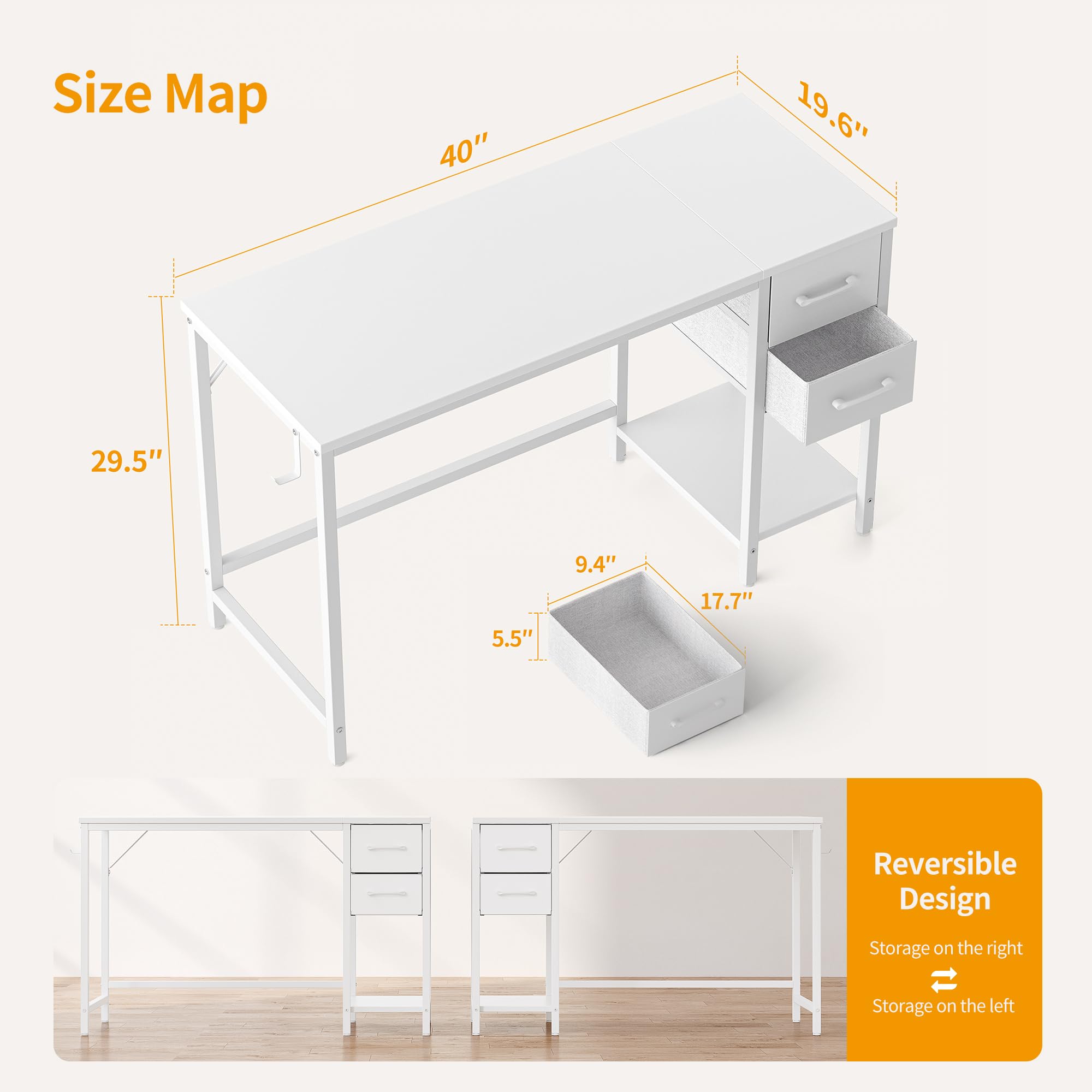 CubiCubi Computer Desk with 2 Drawers, 40 Inch Small Home Office Desk Study Writing Table, White