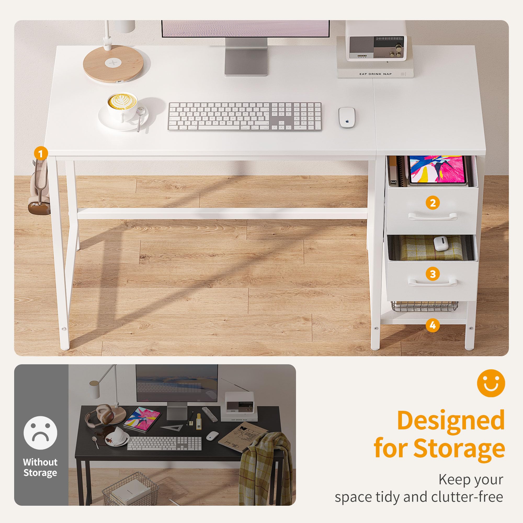 CubiCubi Computer Desk with 2 Drawers, 40 Inch Small Home Office Desk Study Writing Table, White