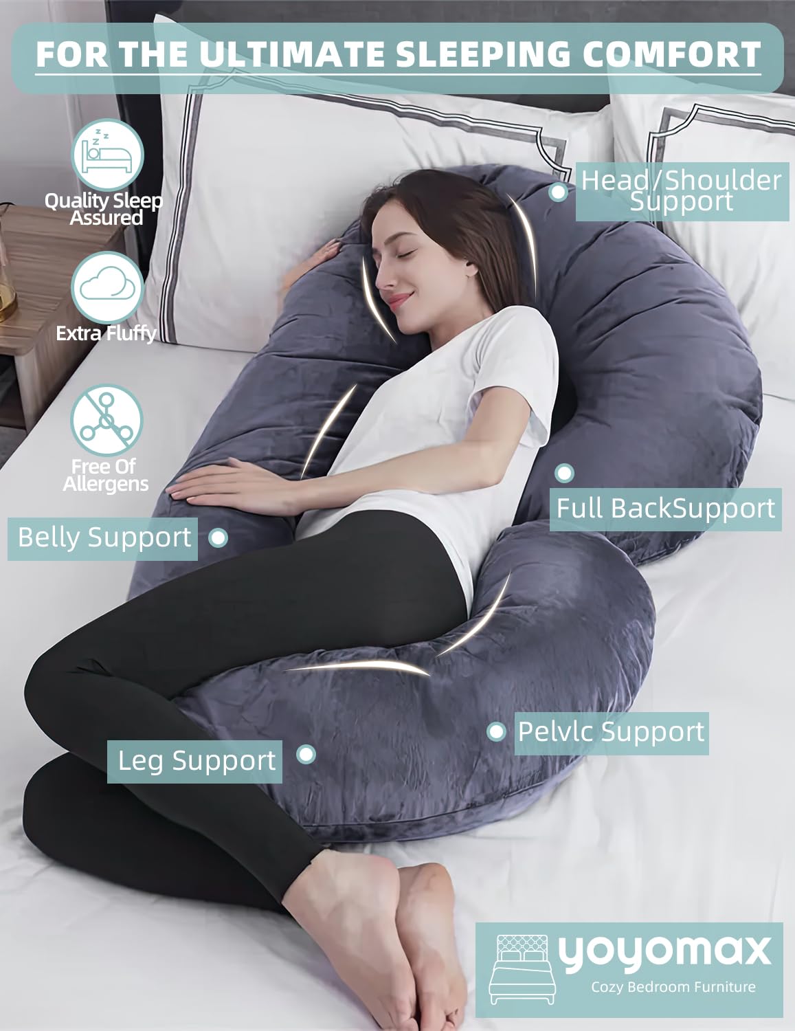 yoyomax Pregnancy Pillows, C Shaped Full Body Maternity Pillow Memory Foam Pregnancy Pillow with Removable Cover, 52 Inch Pregnancy Pillows for Sleeping (Grey)