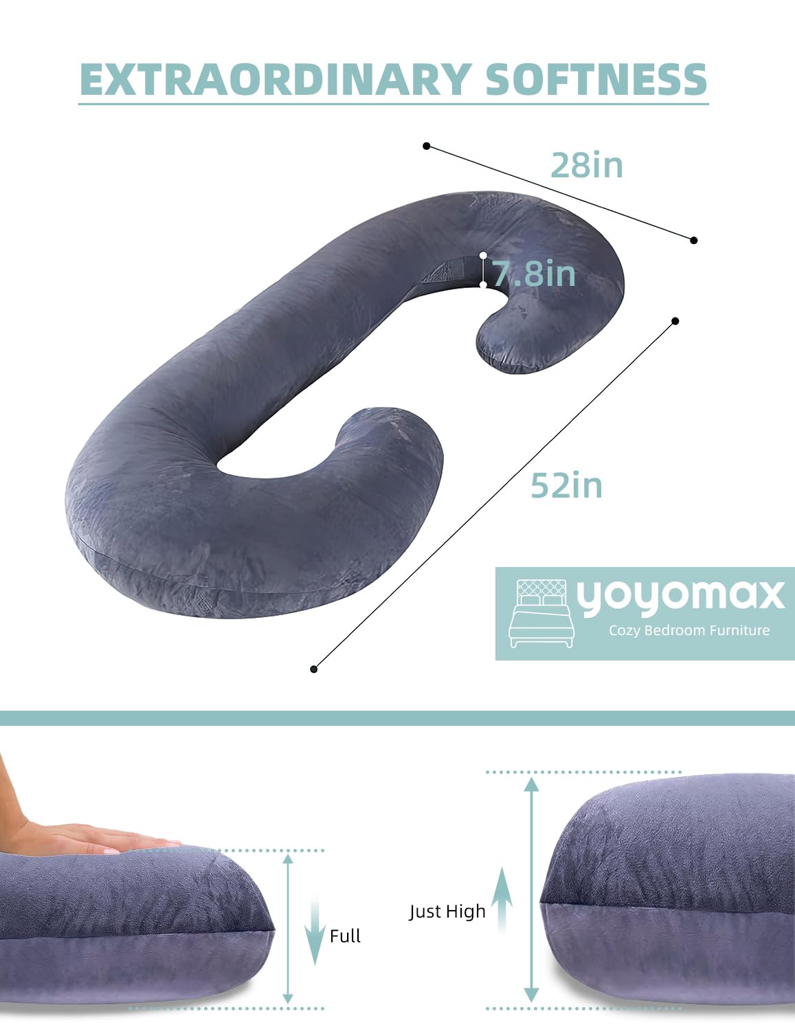 yoyomax Pregnancy Pillows, C Shaped Full Body Maternity Pillow Memory Foam Pregnancy Pillow with Removable Cover, 52 Inch Pregnancy Pillows for Sleeping (Grey)