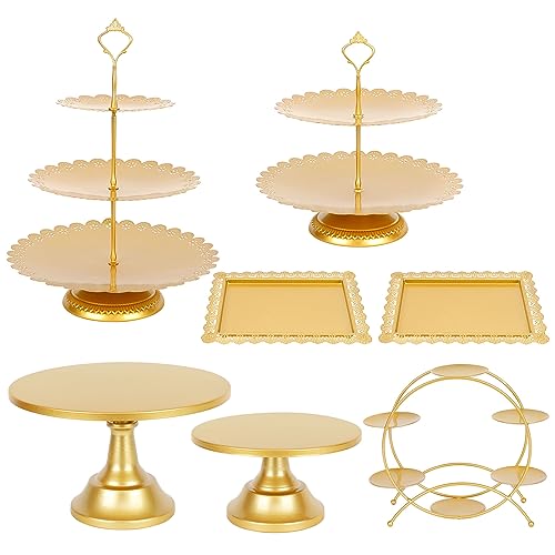 7Pc Cake Stand Set Gold Metal Dessert Table Display Round Tiered Gold Cupcake Stand Macaron Ferris Wheel Holder Cookies Serving Trays Fruit Plates for Tea Party Wedding Birthday Baby Shower Decoration