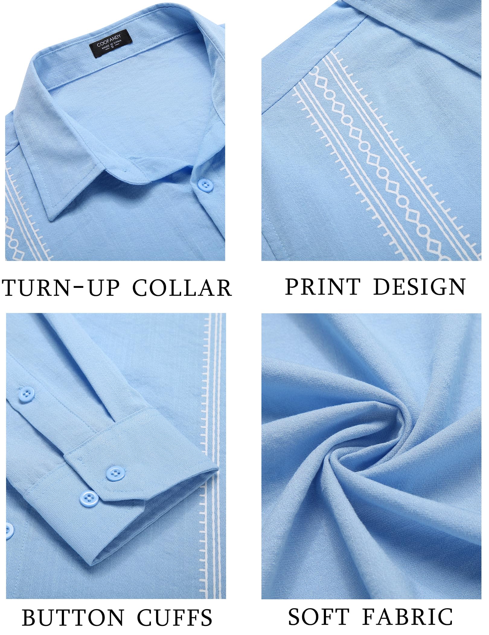 COOFANDY Men's Cuban Guayabera Shirt Long Sleeve Casual Button Down Shirts Beach Linen Shirt Light Blue
