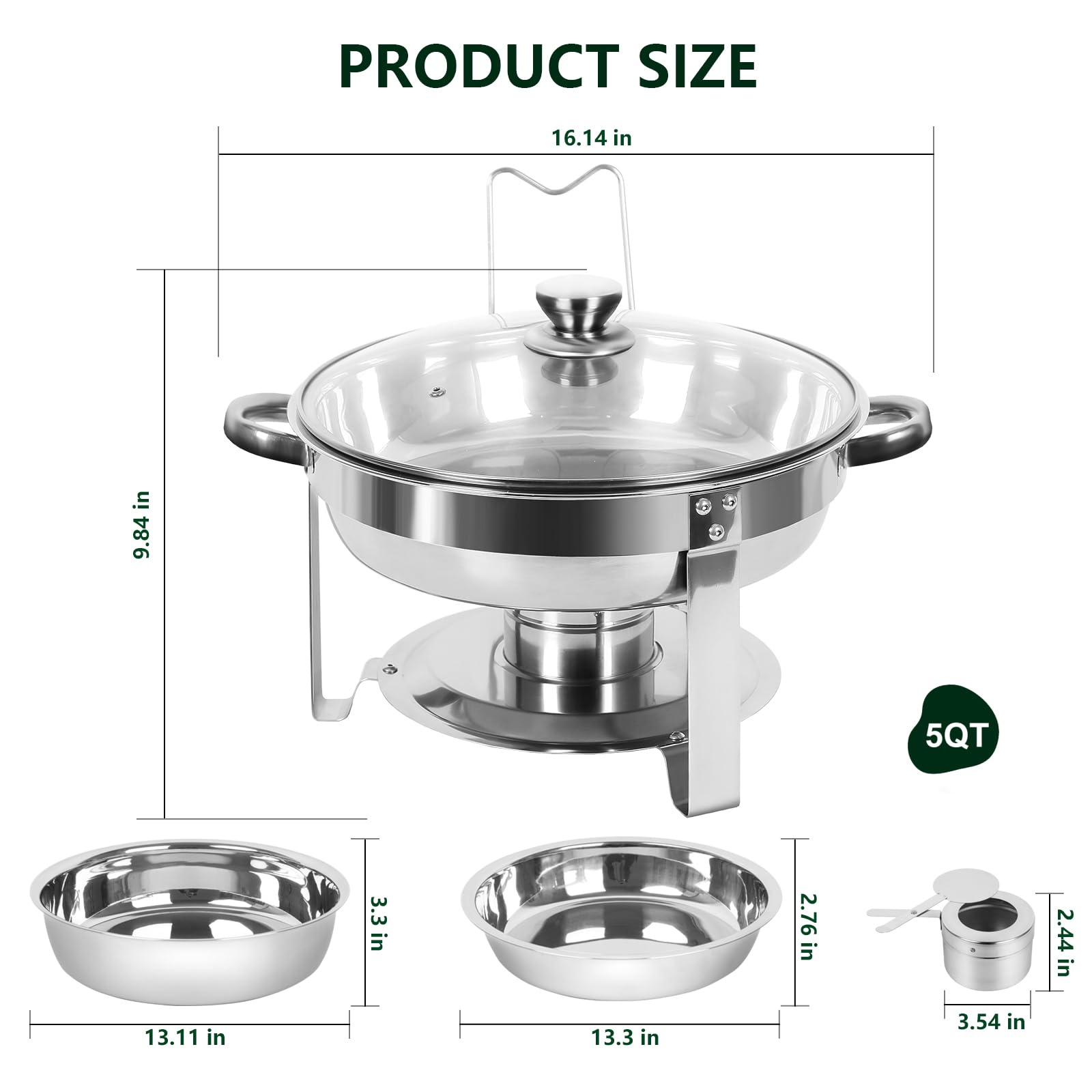 IMACONE Chafing Dish Buffet Set of 2, 5QT Round Stainless Steel Chafer for Catering, Upgraded Chafers and Buffet Warmer Sets with Glass Lid & Holder, Frame, Fuel Holder for Event Party Wedding Holiday