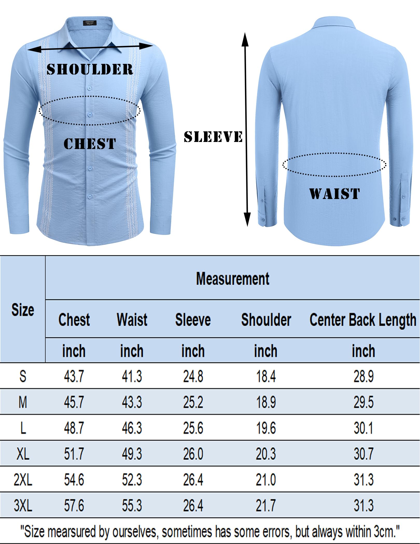 COOFANDY Men's Cuban Guayabera Shirt Long Sleeve Casual Button Down Shirts Beach Linen Shirt Light Blue