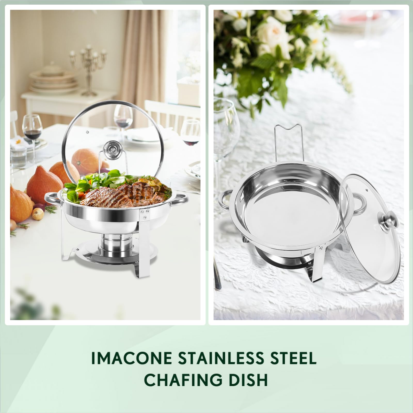 IMACONE Chafing Dish Buffet Set of 2, 5QT Round Stainless Steel Chafer for Catering, Upgraded Chafers and Buffet Warmer Sets with Glass Lid & Holder, Frame, Fuel Holder for Event Party Wedding Holiday